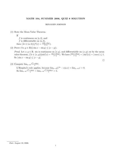 Math 104 Quiz 8 Solutions Mean Value Theorem Sin Function Lhospital