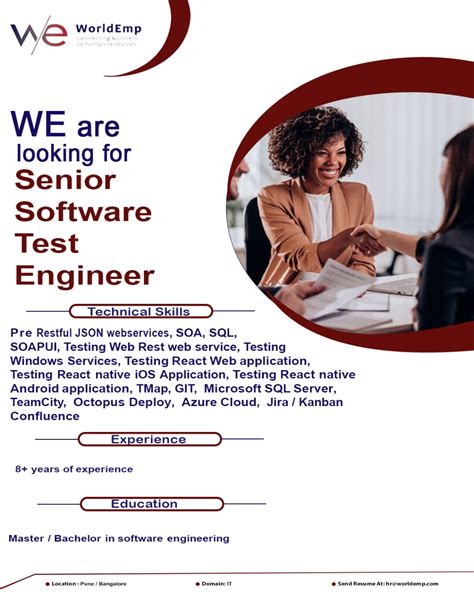 worldemp india we are hiring for a senior software test engineer with 8 years of work