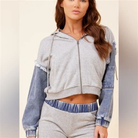 Vintage Havana Tops Vintage Havana Fleece And Denim Zip Up Hoodie