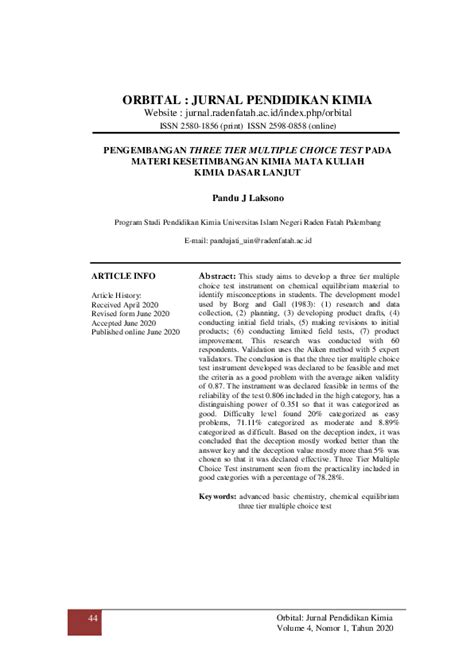 Pdf Pengembangan Three Tier Multiple Choice Test Pada Materi Kesetimbangan Kimia Mata Kuliah