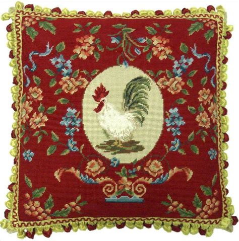 20 X 20 Handmade Wool Needlepoint French Country Rooster Pillow With