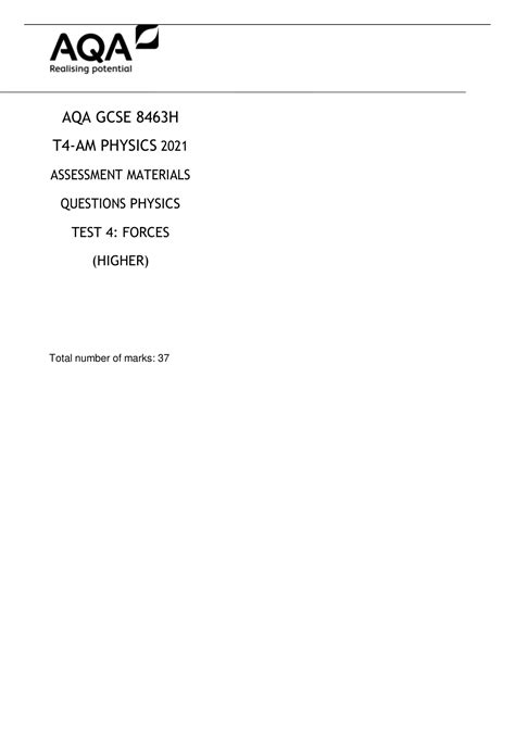AQA GCSE 8463H T4 AM PHYSICS 2021 ASSESSMENT MATERIALS QUESTIONS PHYSICS TEST 4 FORCES HIGHER