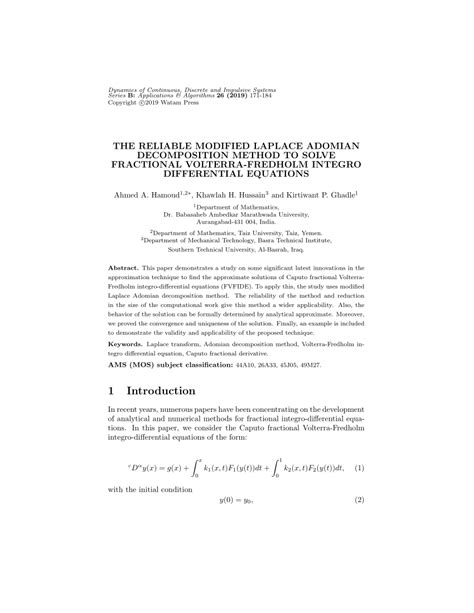 Pdf The Reliable Modified Laplace Adomian Decomposition Method To Solve Fractional Volterra