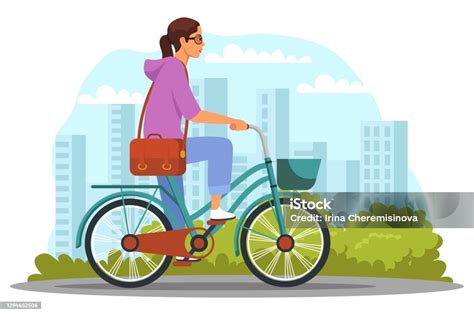 자전거로 출근하는 소녀 젊은 여성의 일상 일정 벡터 일러스트 나무 태양과 배경에 구름과 거리에서 자전거 여성 건강한 라이프스타일 가방에 대한 스톡 벡터 아트 및 기타 이미지