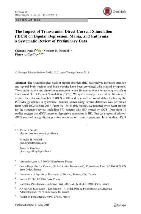Pdf The Impact Of Transcranial Direct Current Stimulation Tdcs On Bipolar Depression Mania