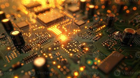 Close Up View Of A Circuit Board With Glowing Components And Intricate Pathways 53403326 Stock