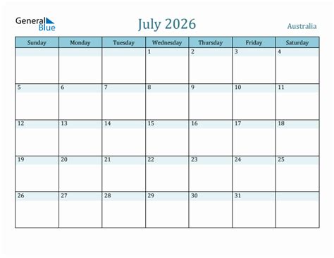 July 2026 Monthly Calendar With Australia Holidays