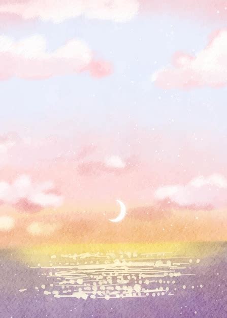 달과 구름 수채화 바탕 화면 배경으로 분홍색 하늘 무료 벡터