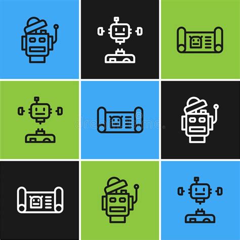 set line robot blueprint and disassembled robot icon vector stock vector illustration of