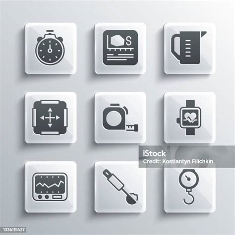 세트 측정 숟가락 손 스케일 스프링 기계 스마트 시계 룰렛 구조 악기 영역 측정 스톱 워치 및 컵 아이콘 벡터 0명에 대한 스톡