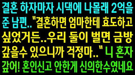 실화사연결혼 하자마자 시댁에 나 몰래 2억을 준 남편둘이 벌면 금방 갚을수 있다는데니혼자 갚어 혼인신고 안한게 신의 한수였네요 신청사연 사이다썰 사연라디오
