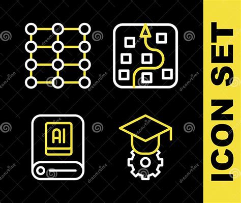 Set Line Neural Network Graduation Cap Artificial Intelligence Ai And Icon Vector Stock