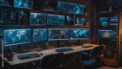 A Dark High Tech Room Filled With Multiple Monitors Displaying Various Global Maps And Data