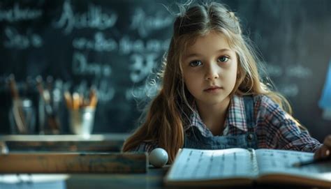 A Girl Doing Math On Classroom Sitting On His Desk With Blur Blackboard In The Background