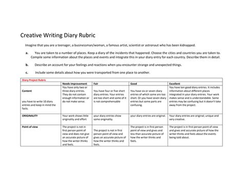 Creative Writing Diary Rubric For Secondary Babe Assignment Docx