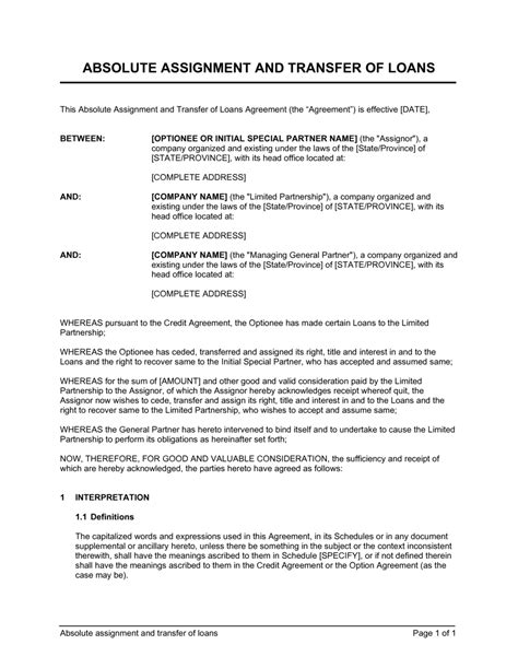 Absolute Assignment And Transfer Of Loans Template Word And Pdf Free Trial