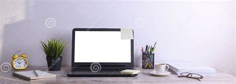 Modern White Office Desk Table Mockup Work Space With Laptop Computer