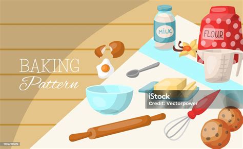 베이킹 만화 도구와 음식 완벽 한 패턴입니다 주방 용품 요리 벡터 일러스트입니다 베이킹 재료 바닐라 밀가루 버터 우유 계란 베이킹 파우더 그릇 티스푼 가정 생활에 대한 스톡