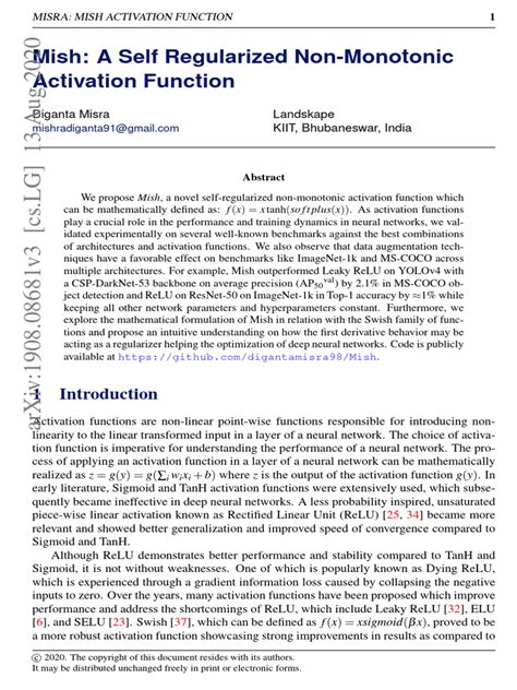 Mish Activation Pdf Artificial Neural Network Computational Neuroscience