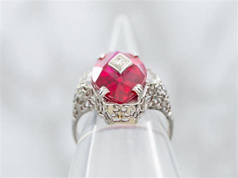 White Gold Marquise Cut Synthetic Ruby Ring With Diamond Accent
