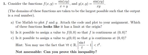 Solved Consider The Functions F X Y Frac Sin X Chegg Com