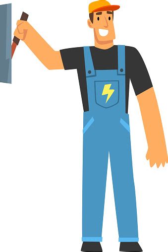 전원 스위치 작업 벡터 일러스트 레이 션에서 파란색의 바지에 전기 남자 문자 직업적인 전기 기술자에 대한 스톡 벡터 아트 및 기타 이미지 Istock