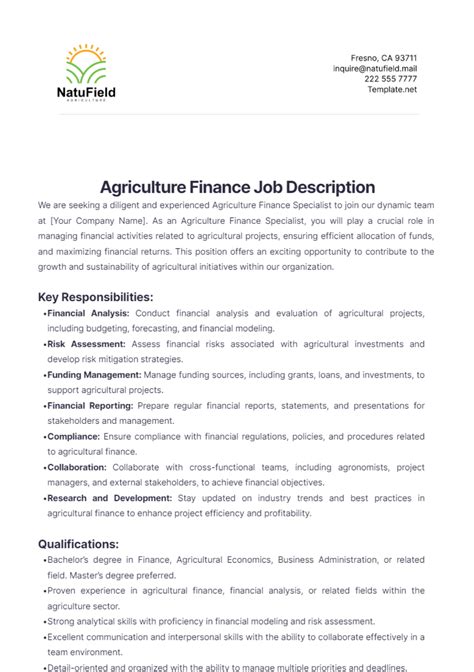 Free Agriculture Finance Job Description Template To Edit Online