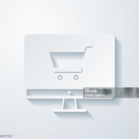 데스크톱 컴퓨터로 온라인 쇼핑 빈 배경에 종이 잘라내기 효과가 있는 아이콘 3차원 형태에 대한 스톡 벡터 아트 및 기타 이미지 3차원 형태 개념 계산대 Istock