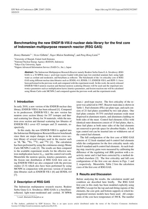 Pdf Benchmarking The New Endfb Viii0 Nuclear Data Library For The First Core Of Indonesian