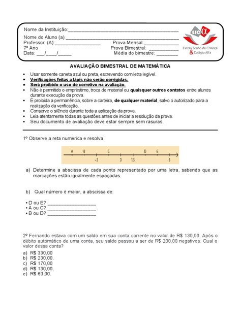 Avaliação Bimestral De Matemática 7º Ano 1º Bimestre 2023 Pdf