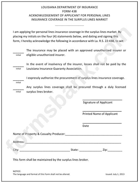 Form 438 Acknowledgement Of Applicant For Personal Lines Insurance Coverage In The Surplus