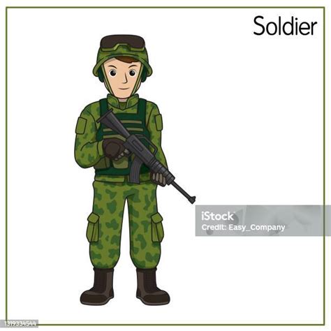 흰색 배경에 고립 된 군인의 벡터 그림입니다 직업과 직업 개념 만화 캐릭터 교육 및 학교 아이 색칠 페이지 인쇄 가능 활동 워크 시트 플래시 카드 남자에 대한 스톡 벡터