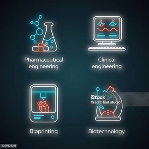생명 공학 네온 빛 아이콘 세트 의료 기술 연구 및 치료 제약 및 임상 공학 바이오 프린팅 생명 공학 빛나는 징후 벡터 절연 일러스트레이션 3차원 형태에 대한 스톡 벡터