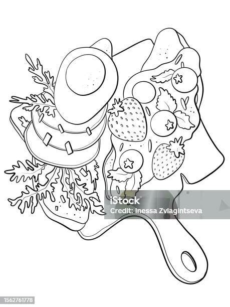 등고선 그림 아침 식사 달걀 아보카도와 딸기를 곁들인 브루스케타 건강 식품 메뉴 디자인 요소 엽서 광고 색칠 스티커 고기에 대한 스톡 벡터 아트 및 기타 이미지 Istock