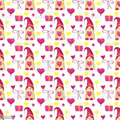 흰색 배경에 노란색과 분홍색 수채화 발렌타인 데이 매끄러운 패턴 스칸디나비아 노메 선물 활 풍선 하트 끝없는 인쇄 귀여운 다채로운 낭만적 인 배경 벽지 가공의 인물에 대한