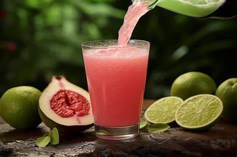 Premium Photo Guava Juice Being Poured From A Blender Into A Glass With A Slice Of Guava On