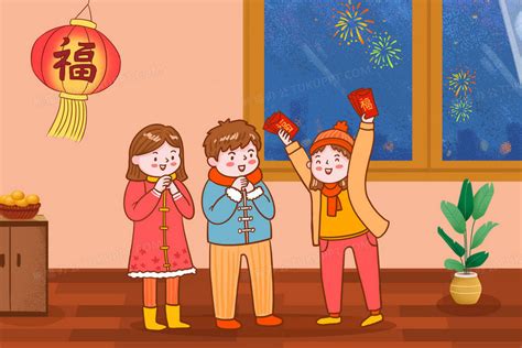 孩子过年收红包插画图片素材下载 psd格式 熊猫办公