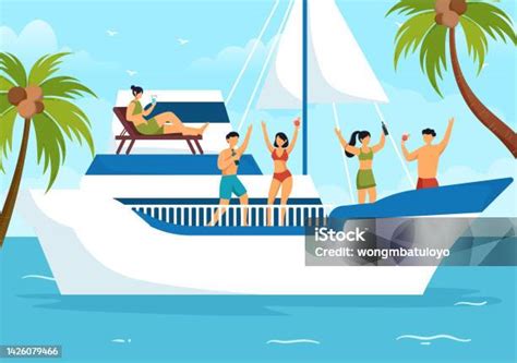 요트 템플릿 손으로 그린 만화 플랫 일러스트 레이 션 사람들이 춤추고 일광욕을하고 칵테일을 마시고 바다에서 크루즈 요트에서 휴식을 취하십시오 관광에 대한 스톡 벡터 아트 및