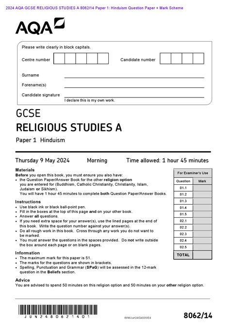 2023 Aqa Gcse Combined Science Trilogy 8464 C 1f Chemistry Paper 1f Question Paper And Mark