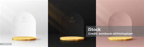 3d 황금 실린더 받침대 연단 세트 블랙 실버 핑크 골드는 고급스러운 아치 모양의 배경입니다 모형 제품 표시를 위한 추상 최소 벽 장면 무대 쇼케이스 벡터 기하학적 형태 0