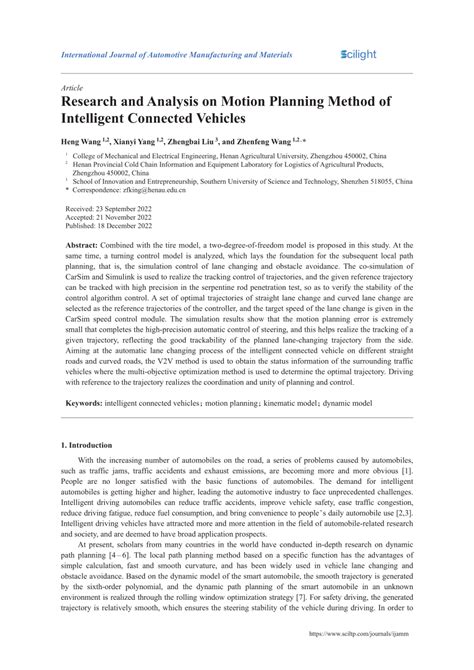 Pdf Research And Analysis On Motion Planning Method Of Intelligent Network Connected Vehicles