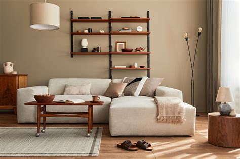 디자인 모듈식 베이지 색 소파 와 액세서리거실의 현대적인 인테리어 템플렛 0명에 대한 스톡 사진 및 기타 이미지 0명 가구 가정 생활 Istock