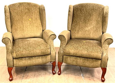 Lot Pair Queen Anne Influenced Wing Back Recliners