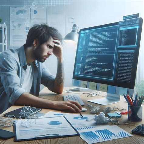 photo realistic as developer looking at a failed code deployment appearing frustrated concept as