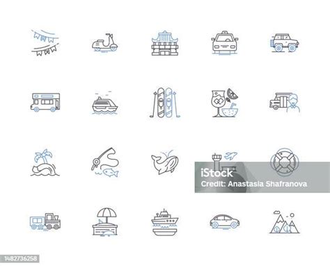 여행 개요 아이콘 모음입니다 여행 여행 여행 항해 탐험 휴가 비행 벡터 및 일러스트레이션 개념 집합입니다 어드벤처 관광 로드 트립 선형 표지판 글라이딩에 대한 스톡 벡터