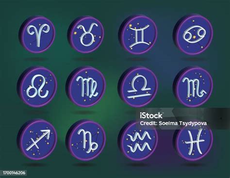 3d 조디악 표지판 아이콘 둥근 파란색 모양의 점성술 표지판 각 조디악 표지판의 배경에 별자리가 있습니다 점성가와 달력을 위한 체적 기호 0명에 대한 스톡 사진 및 기타