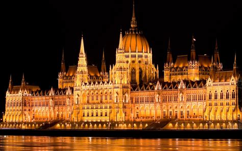 Hungary Budapest Parliament Night Lights Water Danube River Wallpaper Travel And World