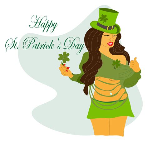Sexy Girl In Green Hat And Suit Laughs Winks Shamrock St Patrick S Day Vector Art At