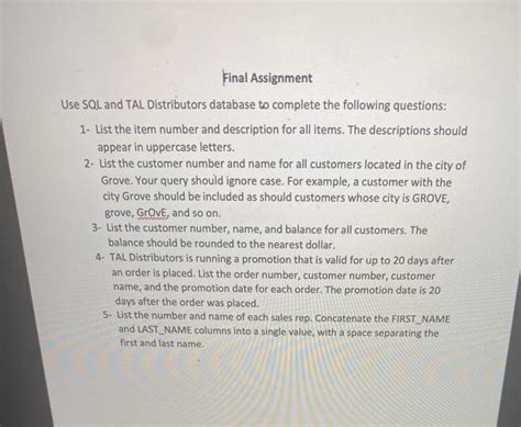 Solved Final Assignment Use Sql And Tal Distributors