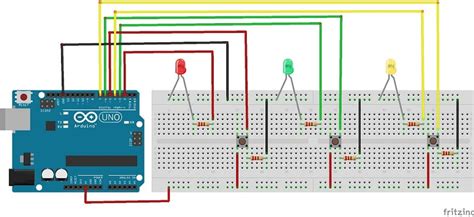 Light Up Three Leds Connected To Arduino Using Push Buttons